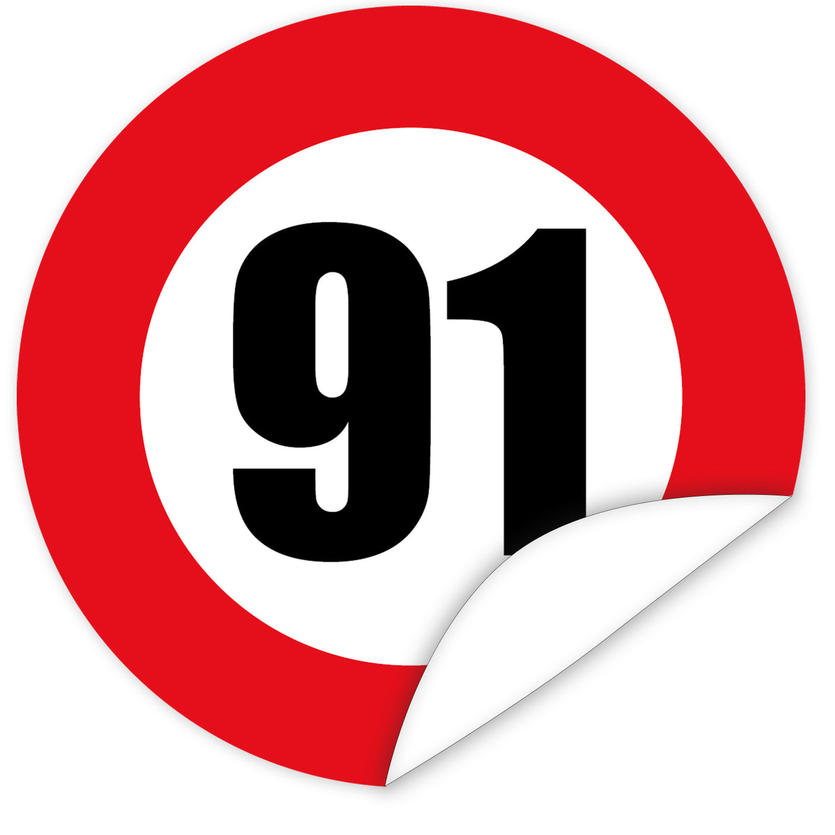 Zahl 91 - Verkehrsschild-Motivsticker I rund ⌀ 7 cm I Zeitloser Geburt ...
